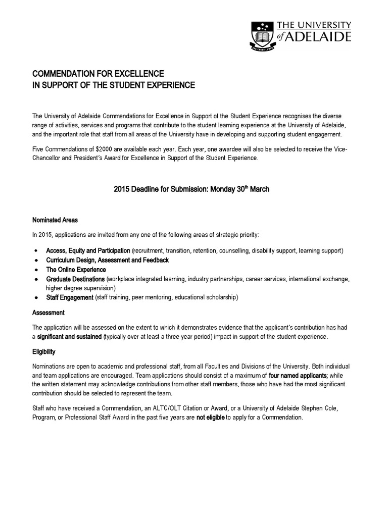 Commendation For Excellence in Support of The Student Experience | PDF ...