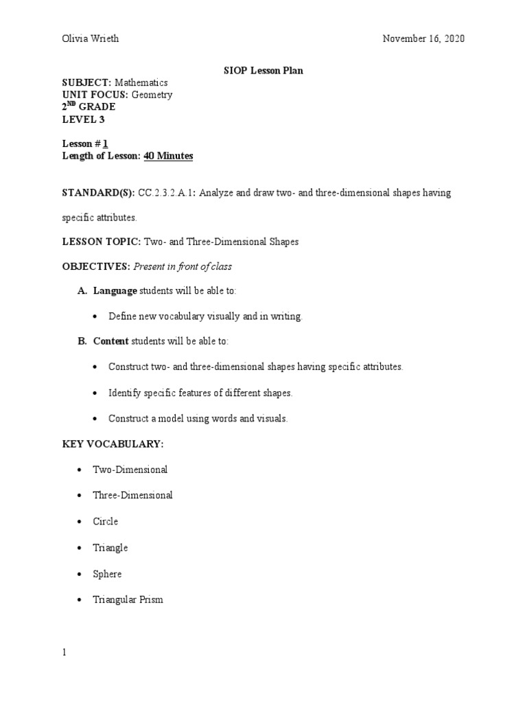 Siop Lesson Plan | PDF | Shape | Vocabulary