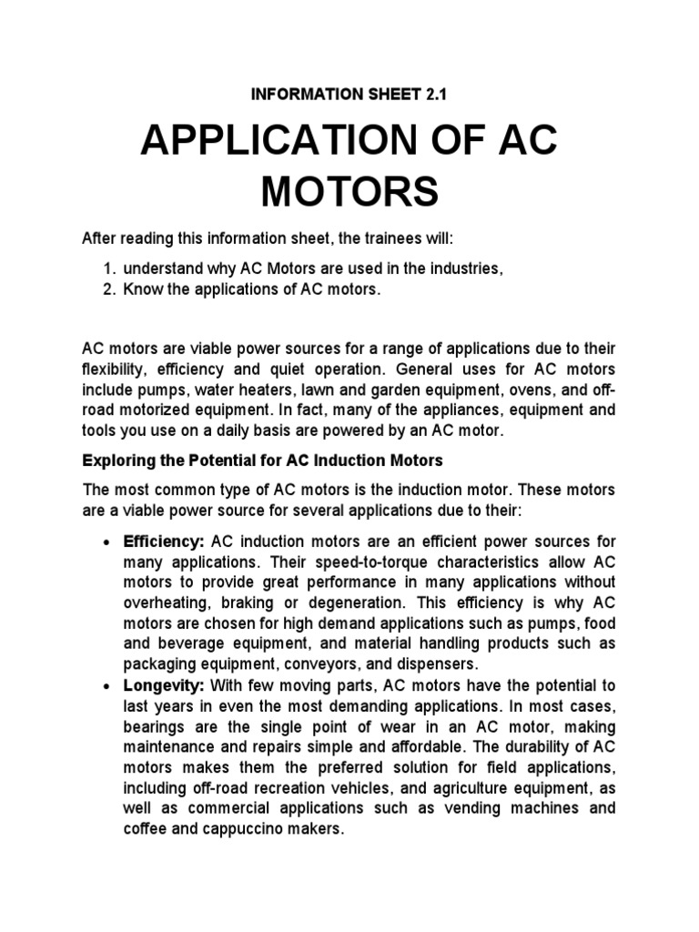 Application of Ac Motors: Information Sheet 2.1 | PDF | Electric Motor ...
