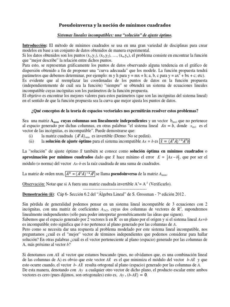 Pseudoinversa y mínimos cuadrados | PDF | Sistema de ecuaciones ...