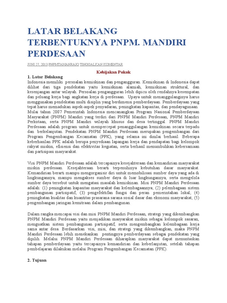 Latar Belakang Terbentuknya Pnpm. Mandiri Perdesaan | PDF