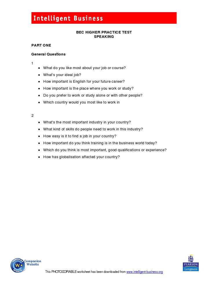 Bec Higher Practice Test Speaking Part One General Questions | PDF