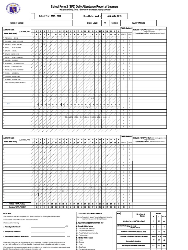 School Form 2 (SF2) Daily Attendance Report of Learners | Download Free ...