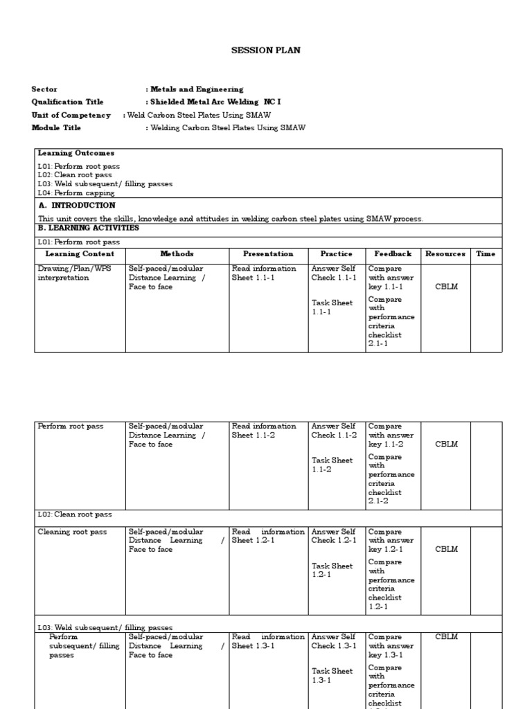 Session-Plan SMAW NC I | PDF | Welding | Construction