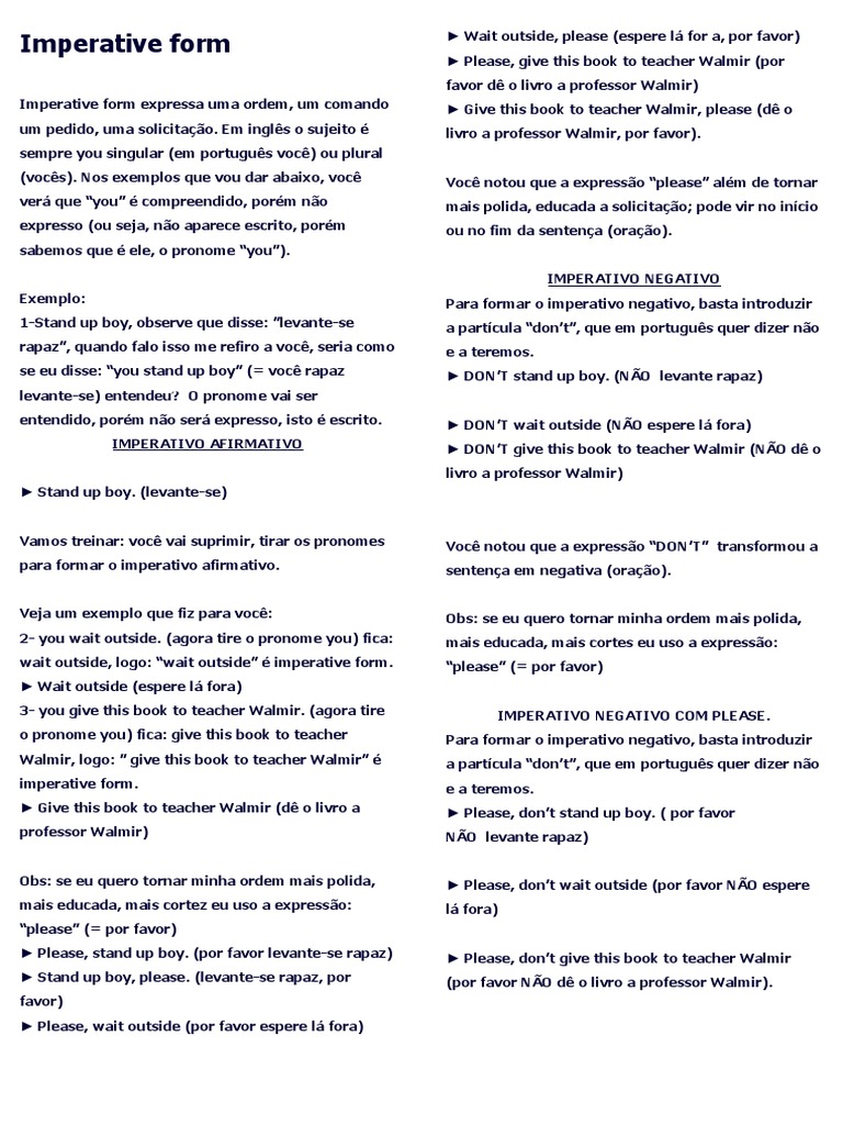 Imperative Form ATIVIDADE DO 3 ANO | PDF | Pronome