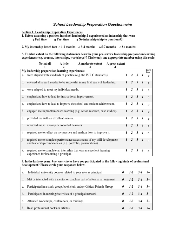 School Leadership Preparation Questionnaire: Don't Know | PDF ...