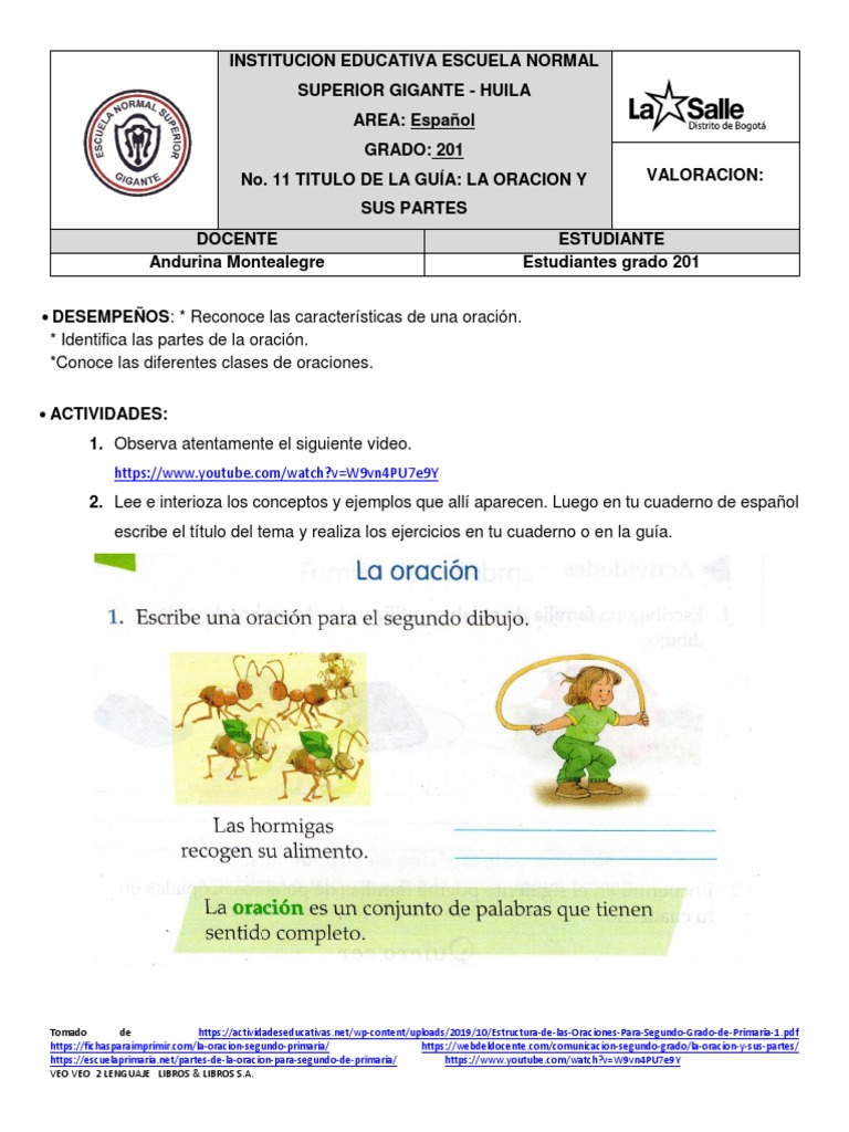 La Oración y Sus Partes para 2º Grado | PDF | Oración | Asunto (gramática)