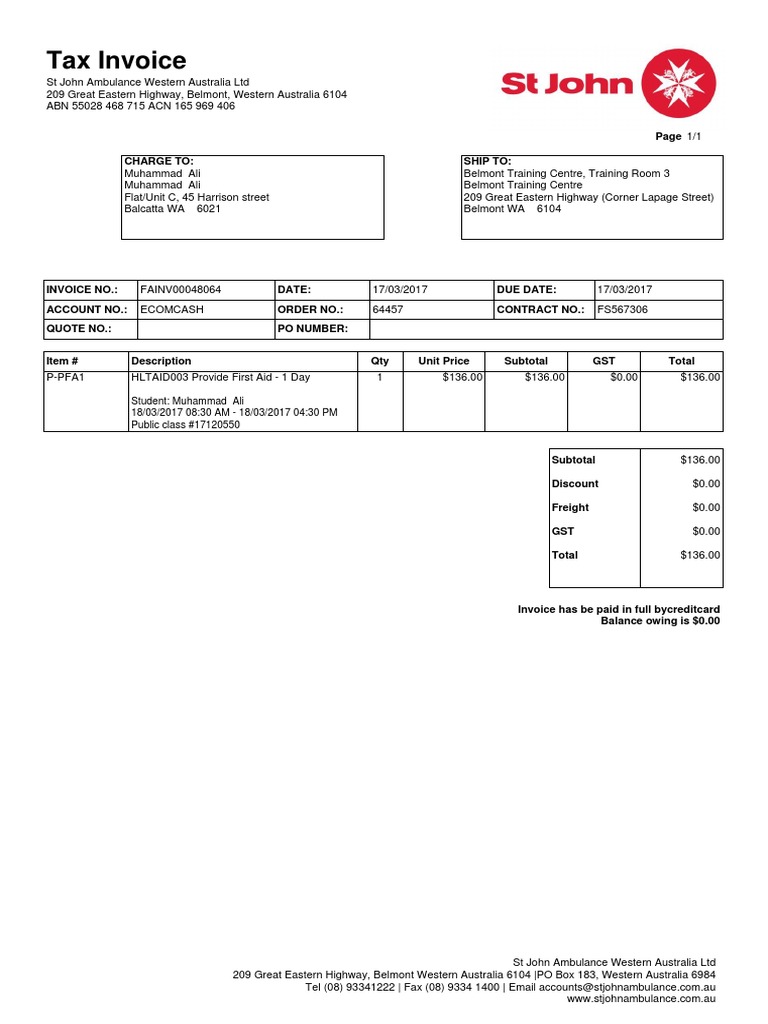 ST John Ambulance Western Australia LTD - FAINV00048064 | PDF | Invoice ...