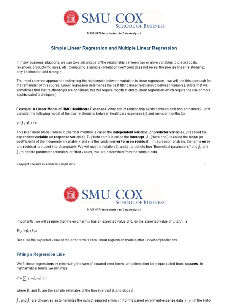 Simple Linear Regression and Multiple Linear Regression: MAST 6474 Introduction To Data Analysis ...