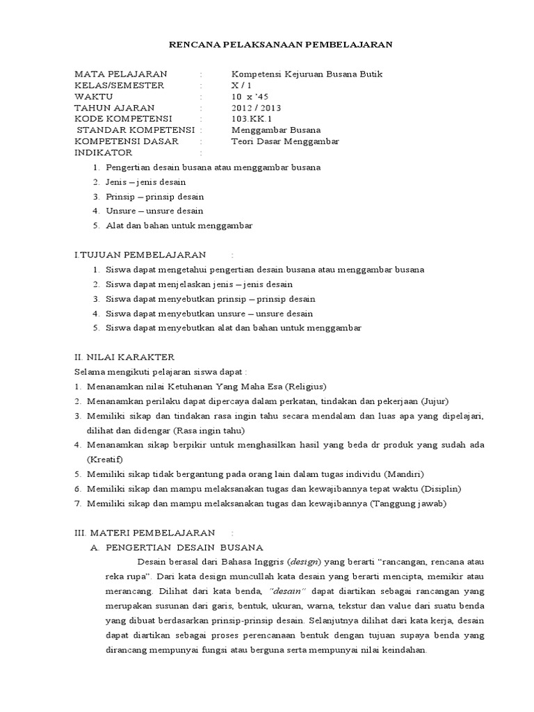 RPP Menggambar Busana | PDF