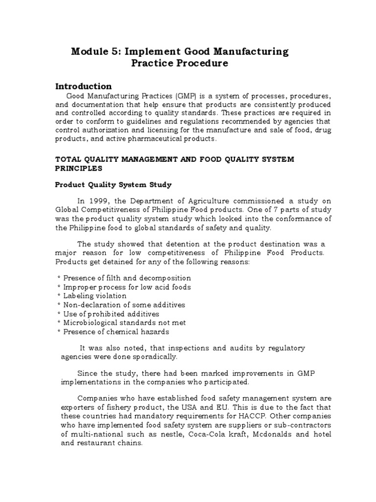 Module 5: Implement Good Manufacturing Practice Procedure | PDF ...