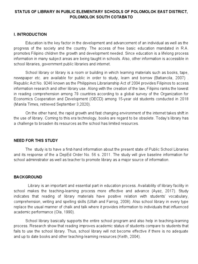 Status of Public School Library and Its Use To Pupils in Two Public ...