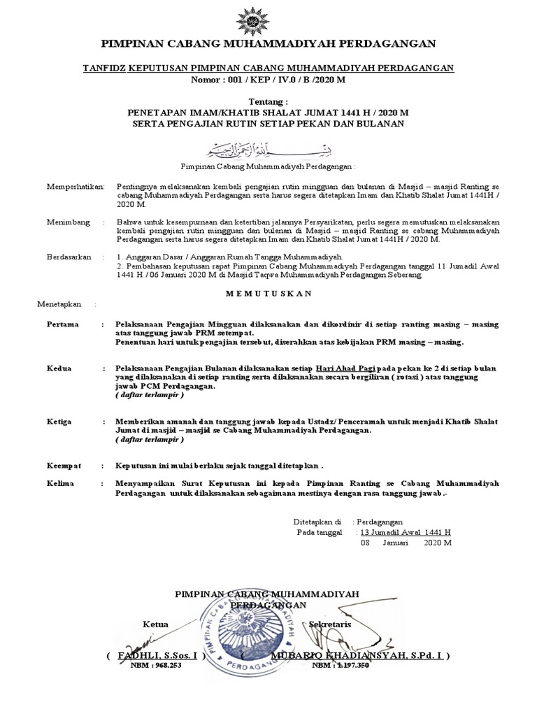 Tanfidz Keputusan Rapat PCM - 2020 | PDF
