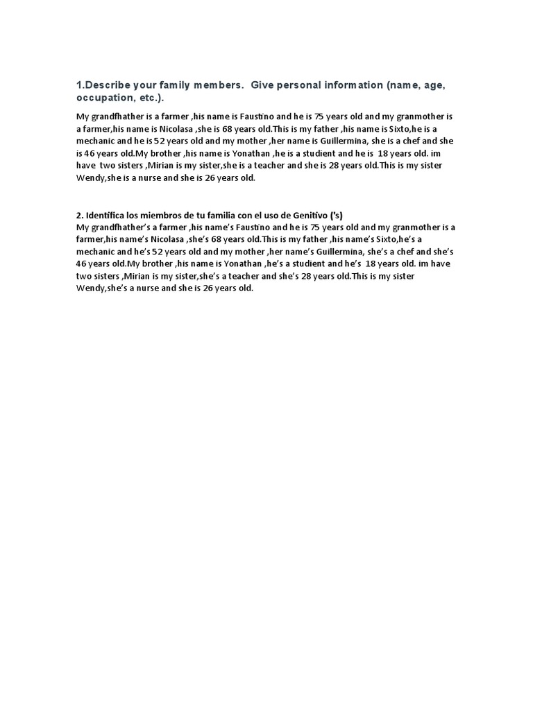 1.describe Your Family Members. Give Personal Information (Name, Age ...