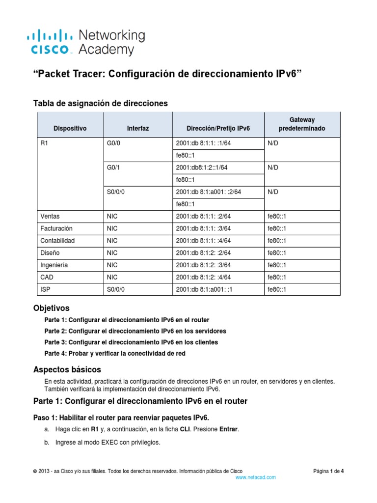 12.6.6 Packet Tracer - Configure Ipv6 Addressing - Es XL | PDF | Enrutador (Computación ...