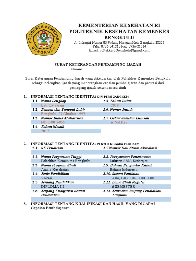 Contoh Format SKPI | PDF