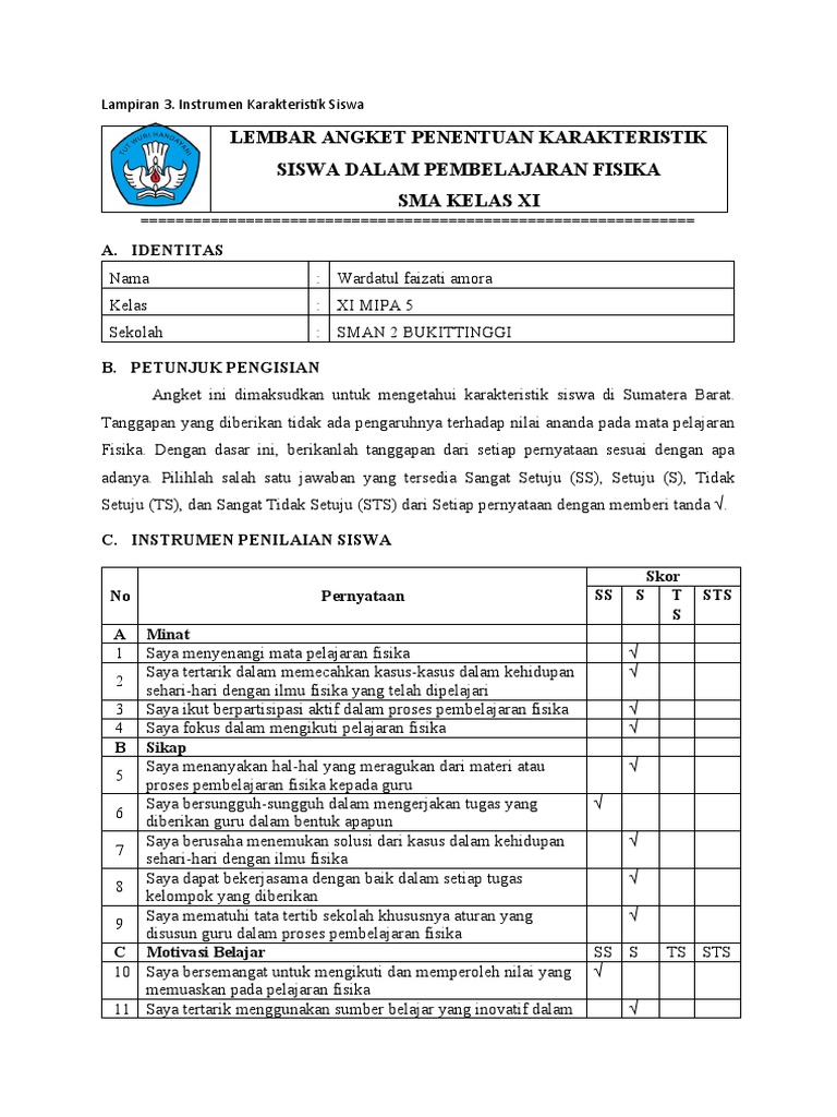 Angket Karakteristik Siswa | PDF