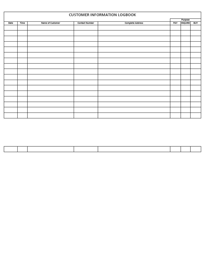Customer Information Logbook: Purpose Date Time Name of Customer ...
