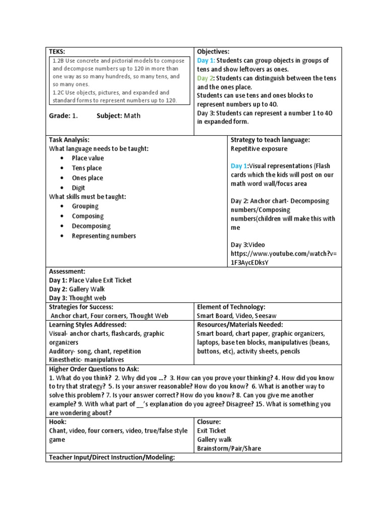 Grade: 1. Subject: Math | PDF | Vocabulary | Teachers
