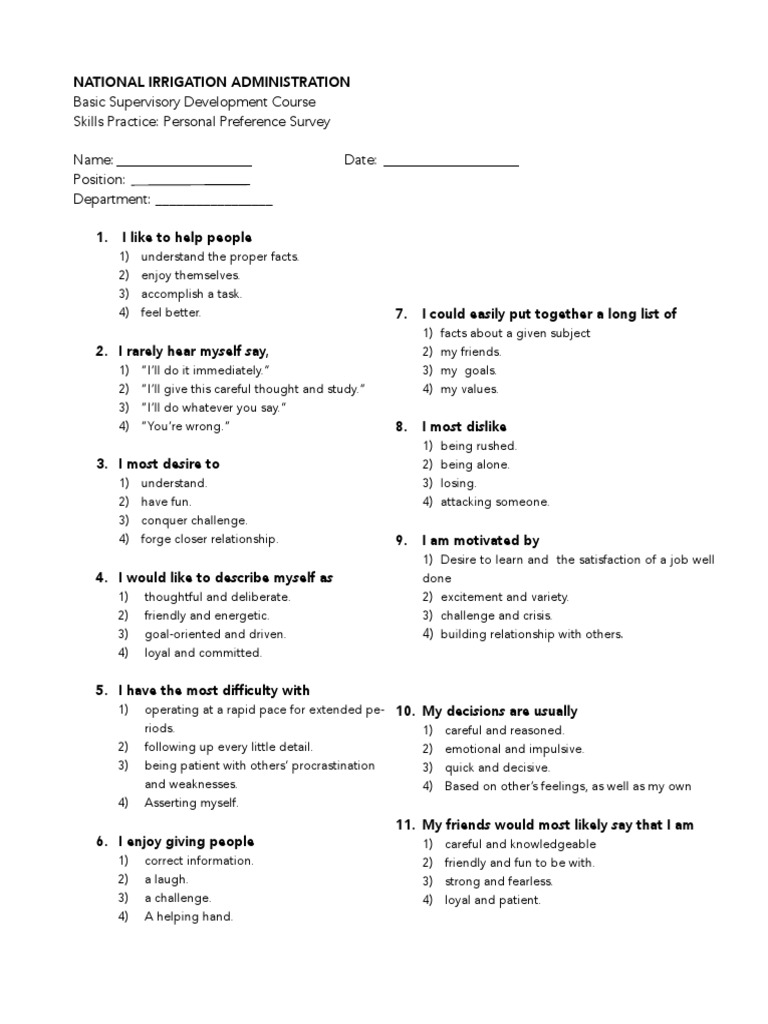 Personal Preference Survey - Questionnaire - PDF | PDF | Action ...