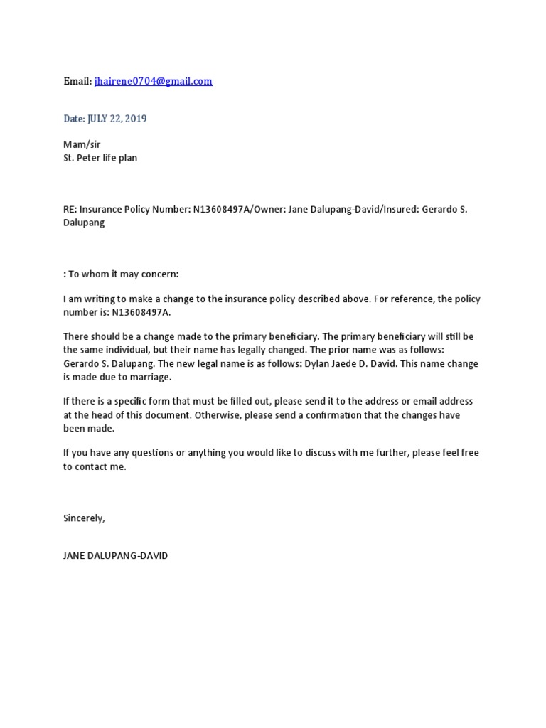 Change of Beneficiary Request Letter | PDF
