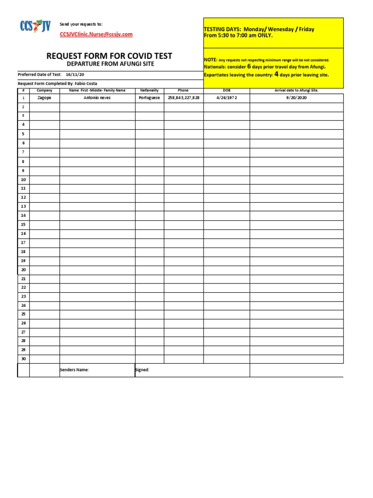 CCS JV Covid-19 Test Request Form | PDF
