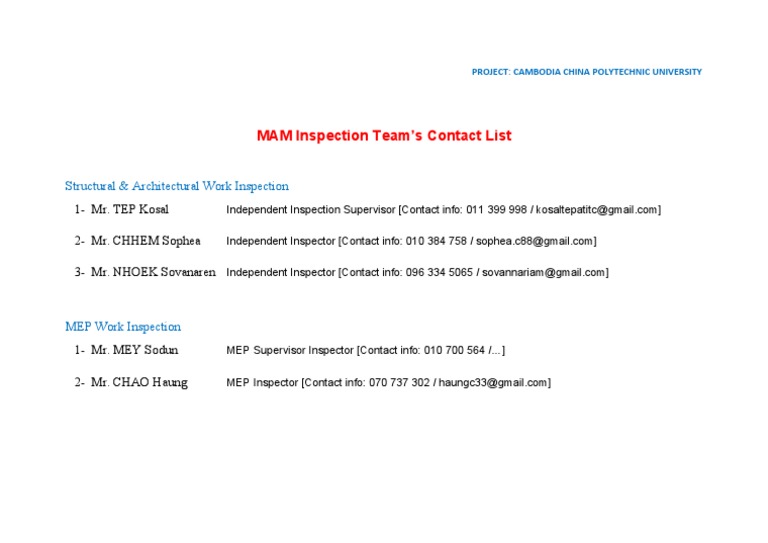 Project Contact List | PDF