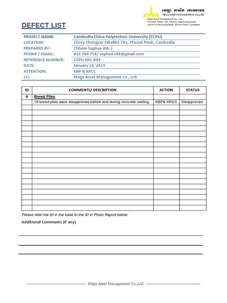 Defect List: Project Name: Cambodia China Polytechnic University (CCPU ...