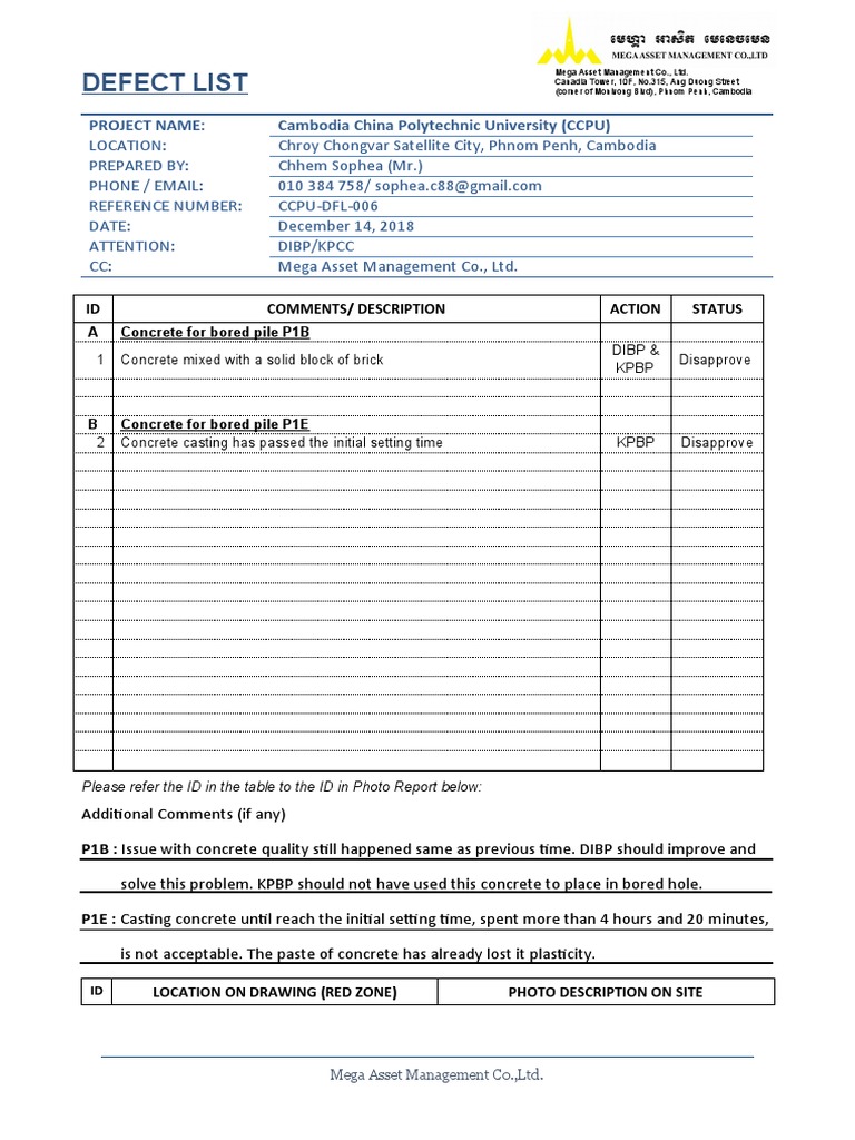 Defect List: Project Name: Cambodia China Polytechnic University (CCPU ...