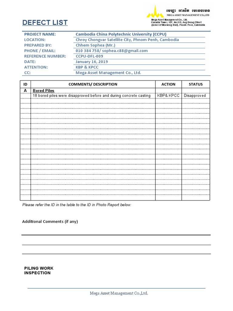 Defect List: Project Name: Cambodia China Polytechnic University (CCPU ...