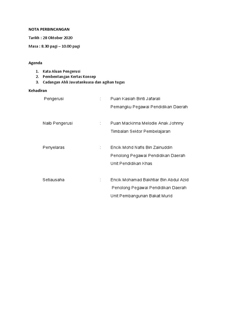 Contoh Nota Perbincangan Mesyuarat | PDF | Karier & Perkembangan | Bisnis