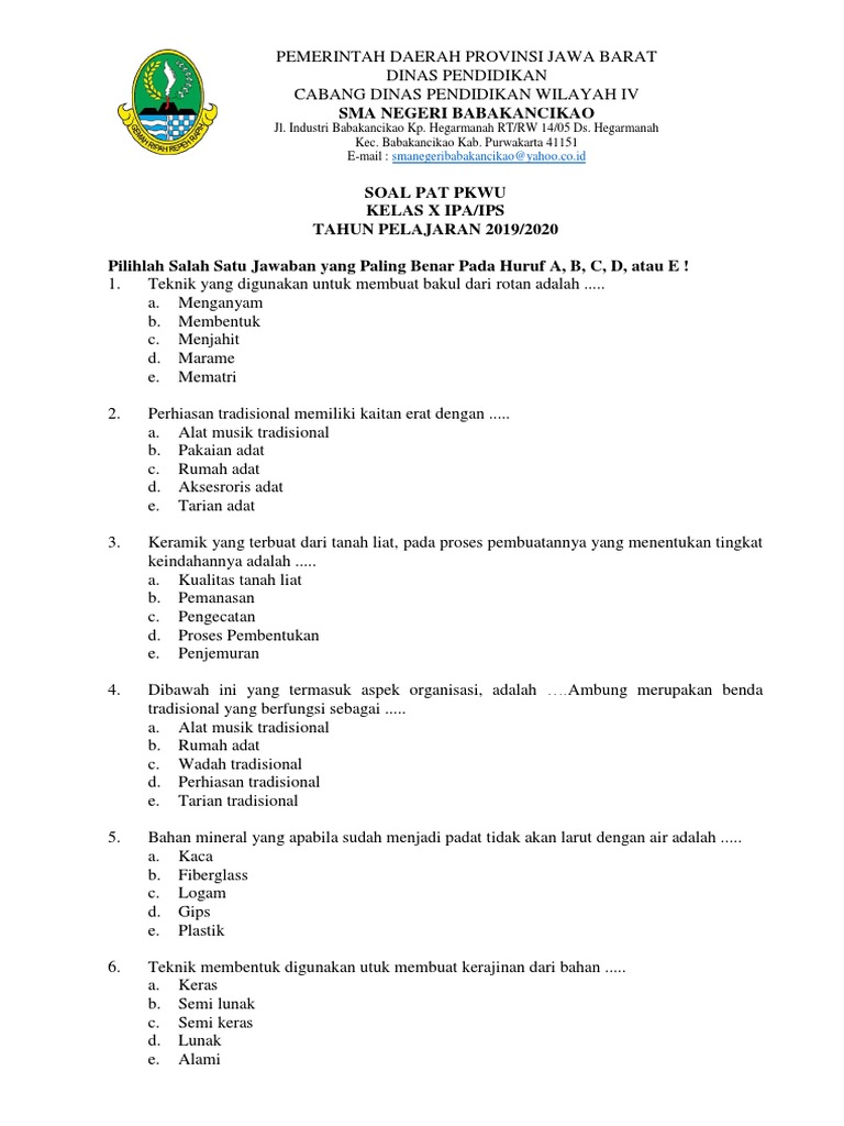 Soal Soal Pat Pkwu X Ipa - Ips 2019 2020 | PDF