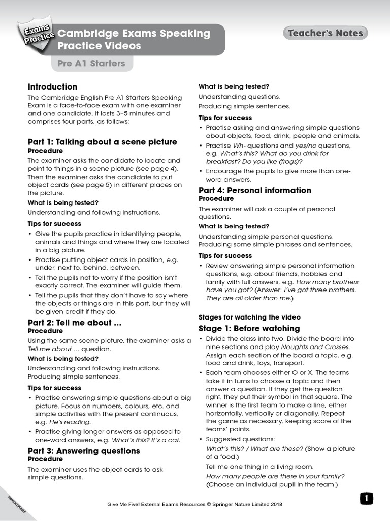 Cambridge Exams Speaking Practice Videos: Pre A1 Starters | PDF