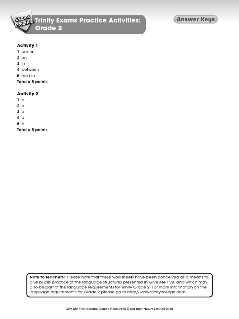Trinity Exams Practice Activities: Grade 2: Answer Keys | PDF