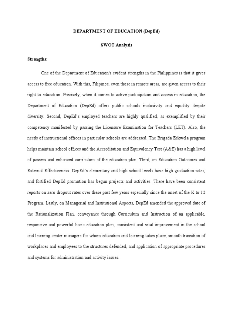 Department of Education (Deped) SWOT Analysis Strengths | PDF