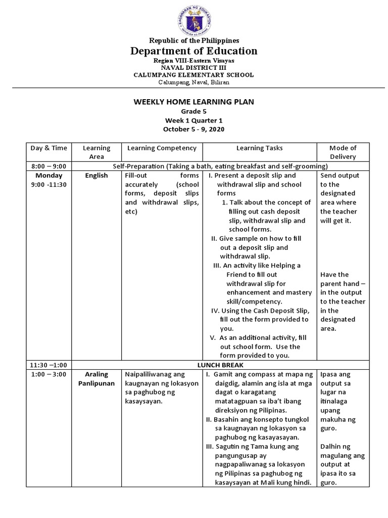 Department of Education: Weekly Home Learning Plan | PDF | Behavior Modification | Learning