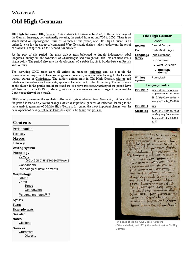 Old High German: Old High German (OHG, German: Althochdeutsch, German ...
