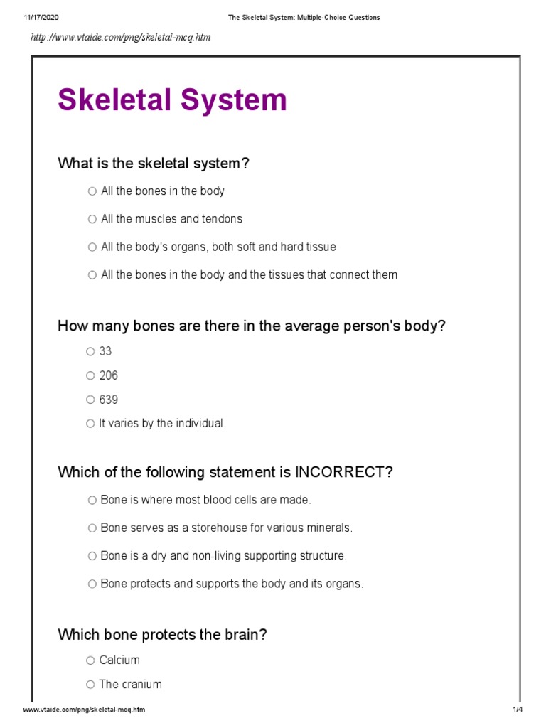 The Skeletal System - Multiple-Choice Questions PDF | PDF | Skeleton | Bone