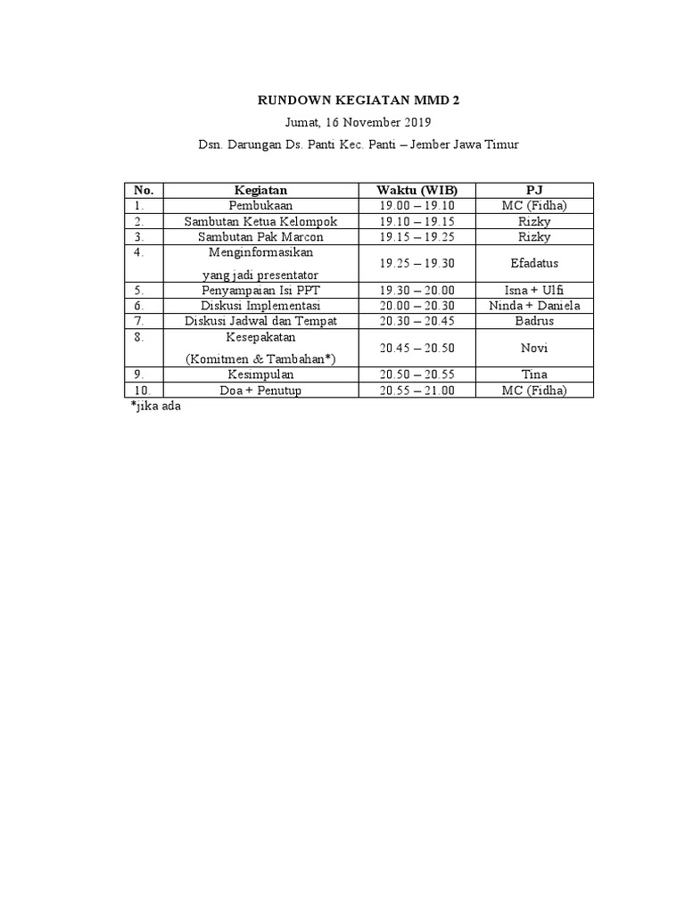 Rundown Kegiatan MMD 2 | PDF