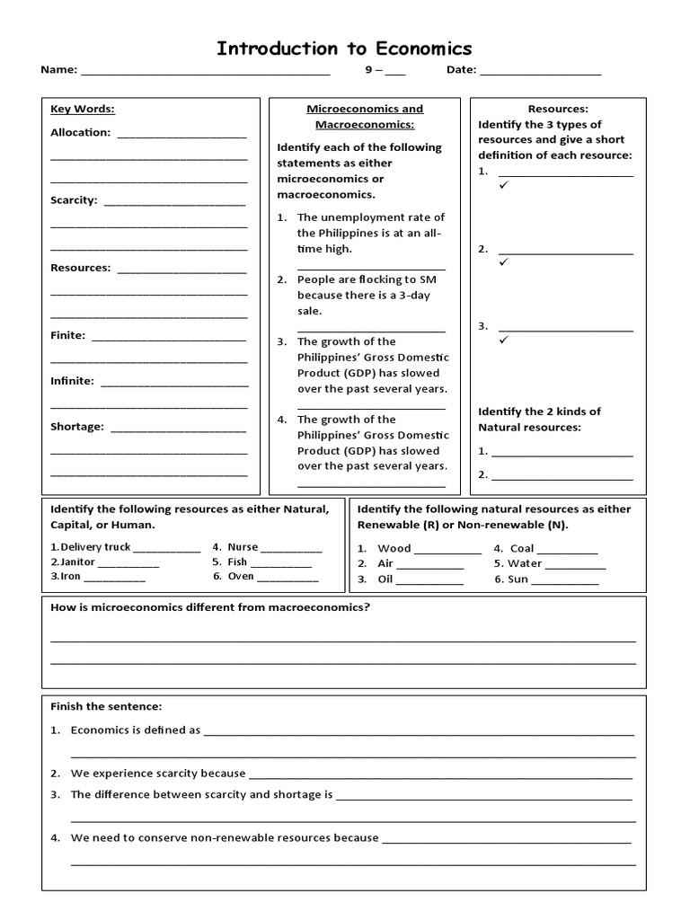 Intro to Economics Worksheet | PDF | Resource | Economics