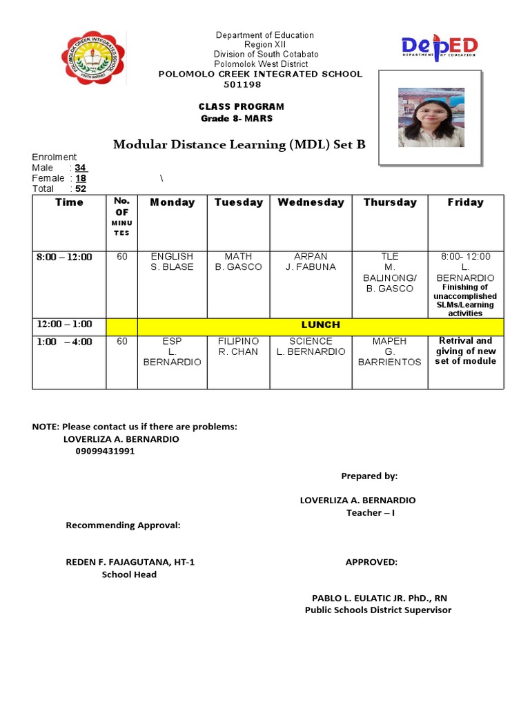 Modular Distance Learning (MDL) Set: Time Monday Tuesday Wednesday ...