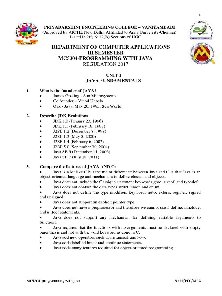 Department of Computer Applications Iii Semester Mc5304-Programming With Java | PDF | Class ...