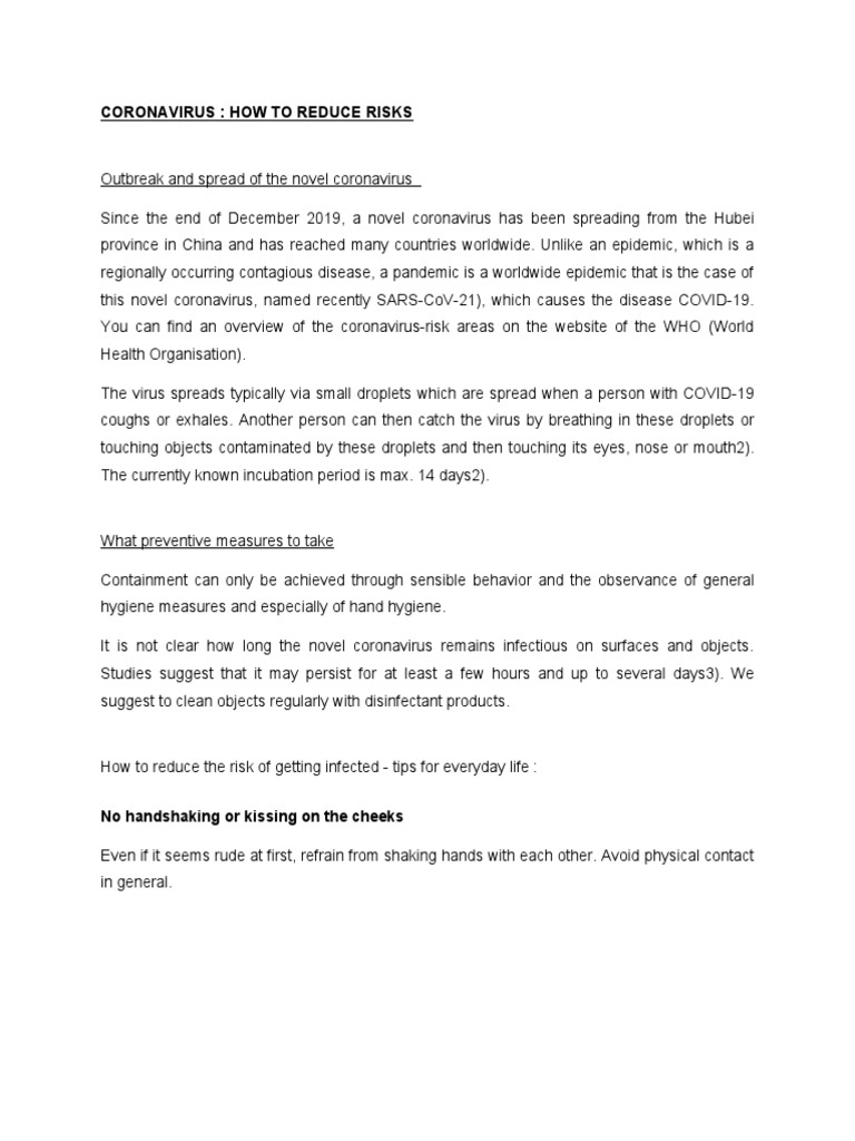 Coronavirus: How To Reduce Risks | PDF | Hygiene | Hand Washing