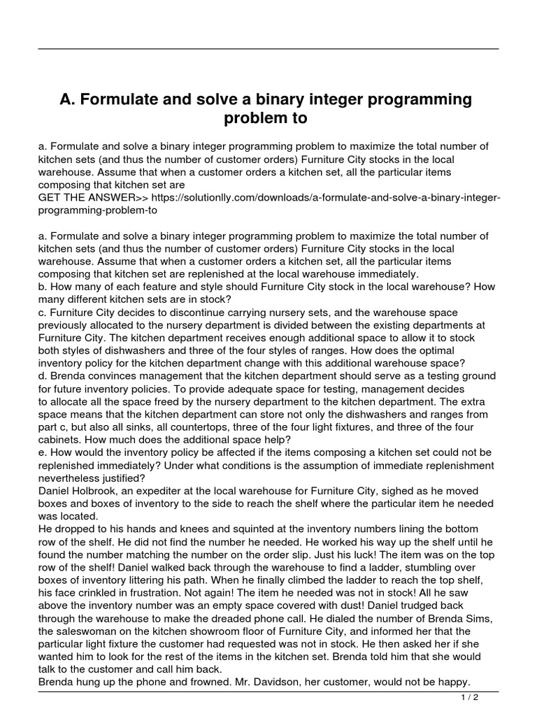A Formulate and Solve A Binary Integer Programming Problem To | PDF
