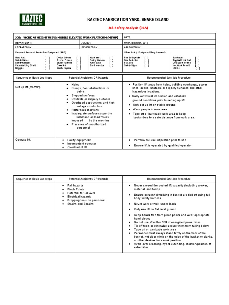 Mewp Operation Jsa | PDF | Personal Protective Equipment | Equipment