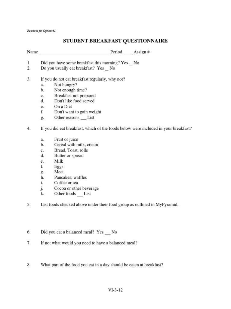 Student Breakfast Questionnaire PDF | PDF
