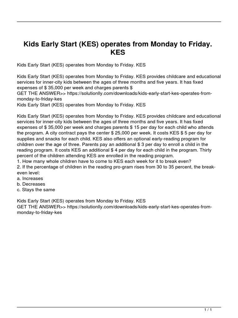 Kids Early Start Kes Operates From Monday To Friday Kes | PDF | Child ...