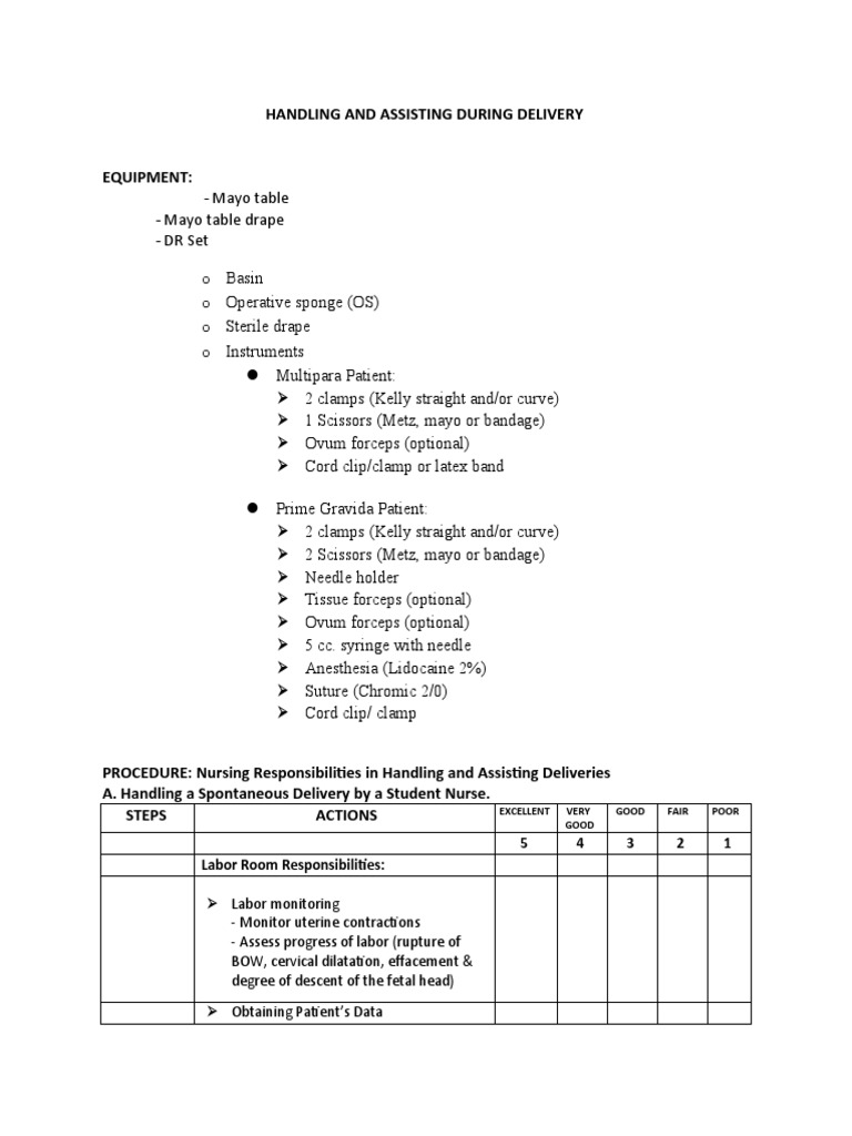 Handling and Assisting During Delivery: 5 4 3 2 1 Labor Room ...