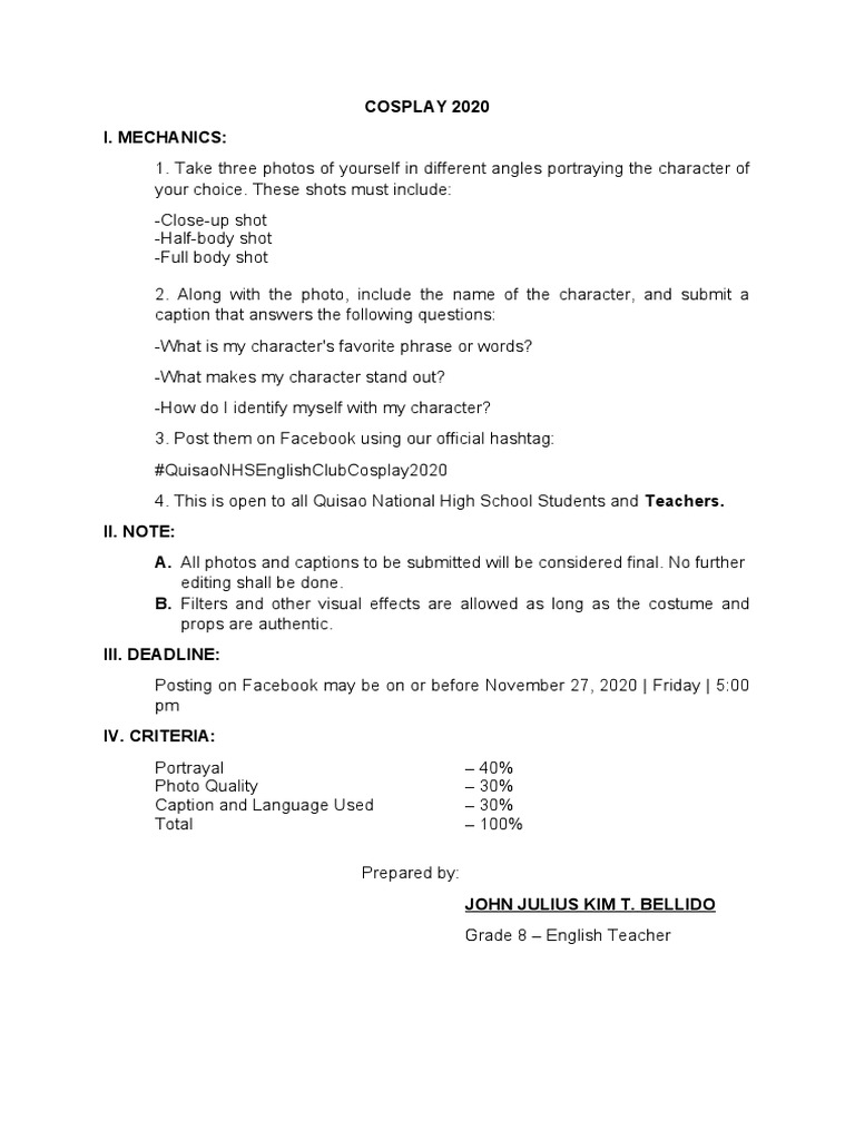 Cosplay Contest for Quisao Students | PDF