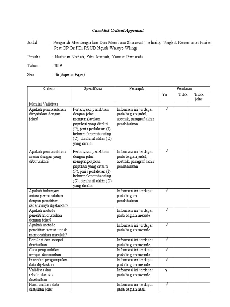 Checklist Critical Appraisal Jurnal 1-5 | PDF